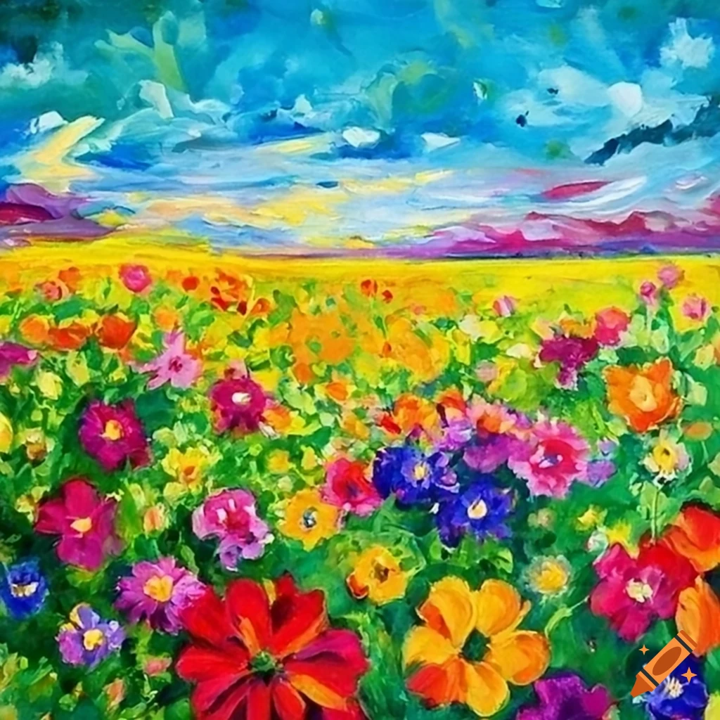 Colorful field of flowers in a painting on Craiyon