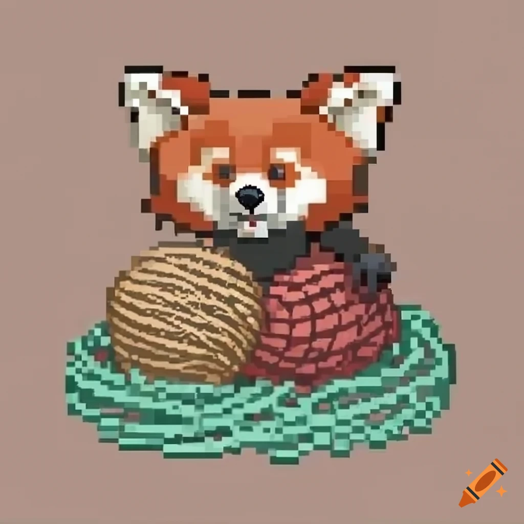 Pixelated cartoon small red panda cuddling a ball of yarn on Craiyon