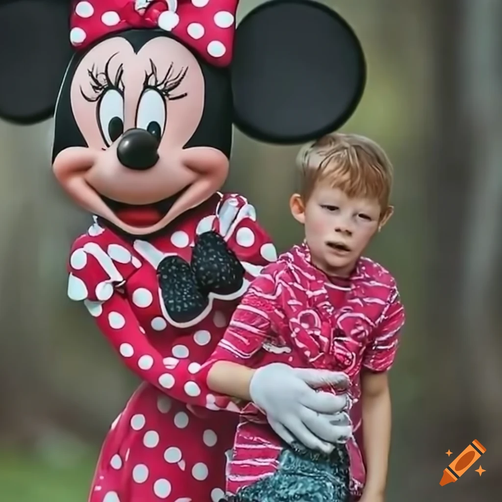 Minnie mouse teasingly grabs a boy, causing fear on Craiyon