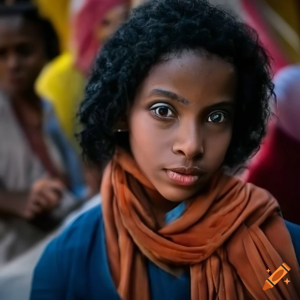 Woman with short black hair and Arabic features at a crowded bus stop ...
