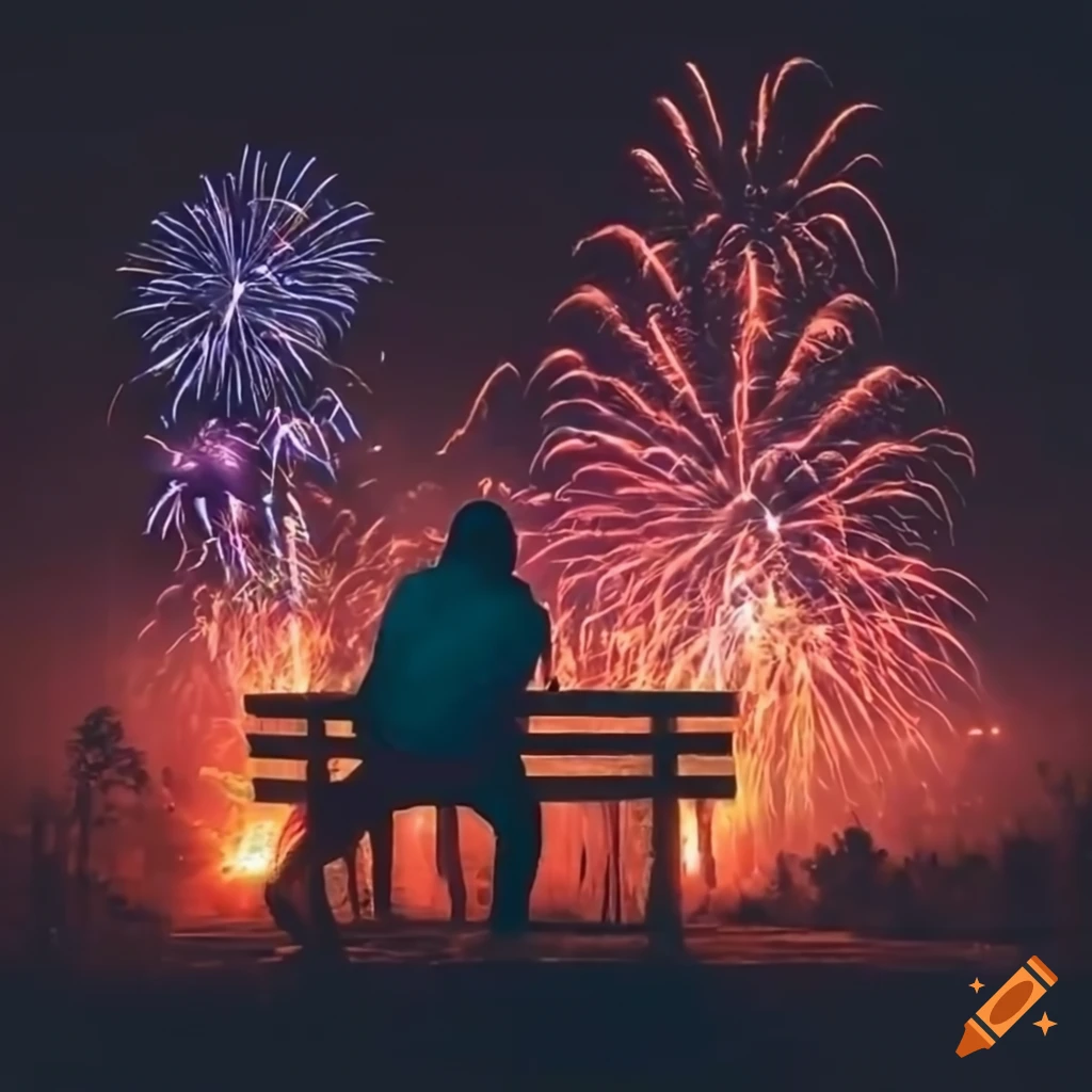 Man sitting on a bench among tall trees under a dark evening sky with ...