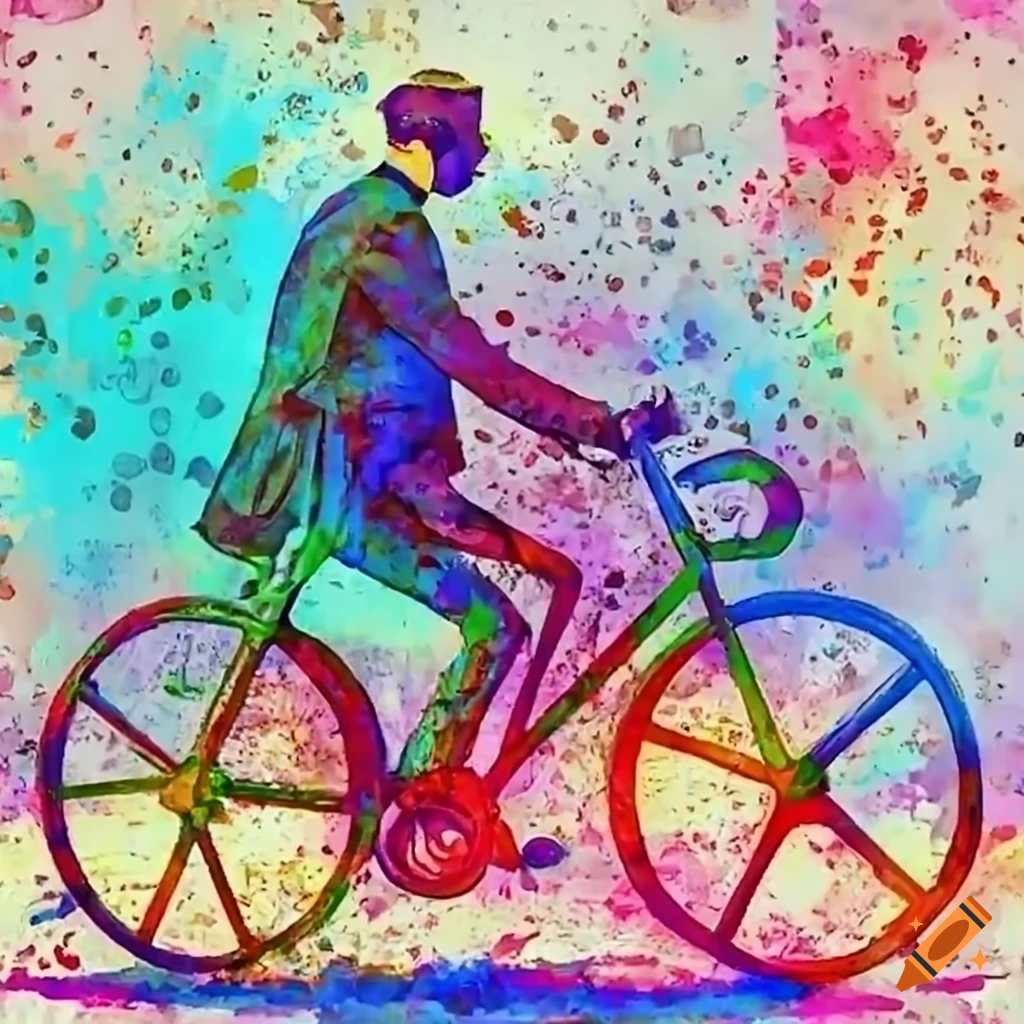 Colorful suited men riding bicycle-shaped sculptures on Craiyon