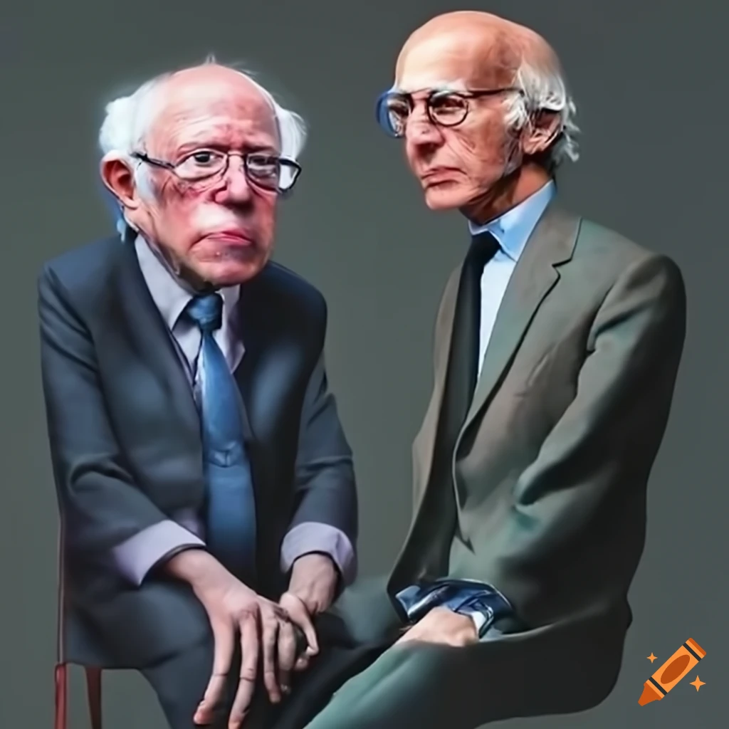 Bernie sanders sitting with larry david in a photorealistic art on Craiyon