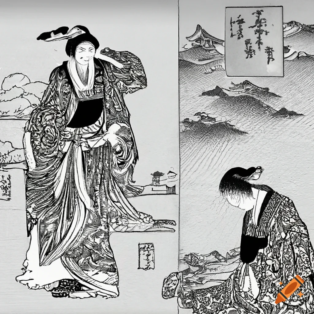 Ukiyo-e black and white drawing to color on Craiyon