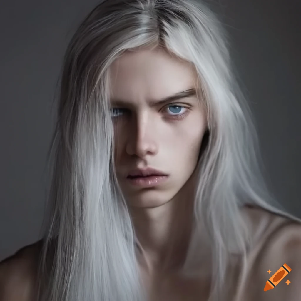 Portrait of a man with sharp features and long white hair on Craiyon