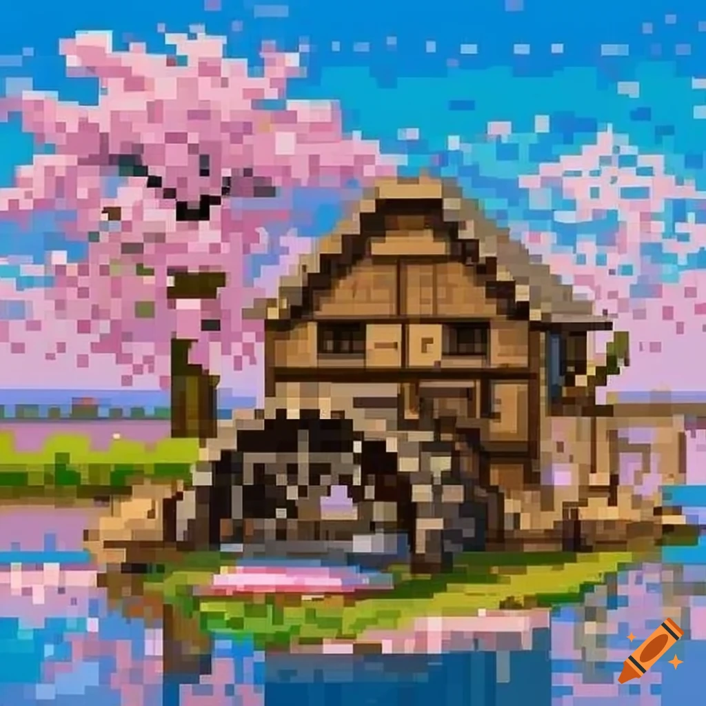 Cozy watermill surrounded by cherry blossom trees in pixel art on Craiyon
