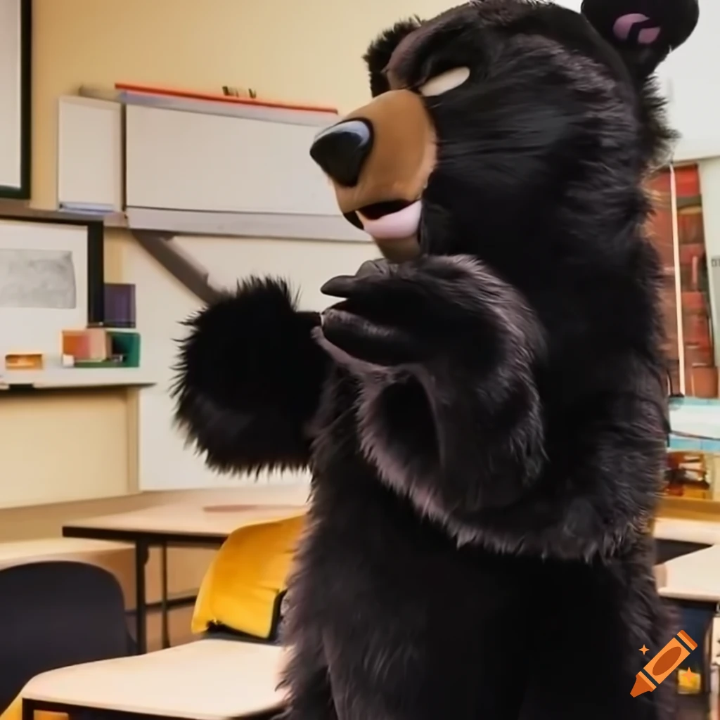 Female teacher in full body black bear mascot fursuit in classroom on ...