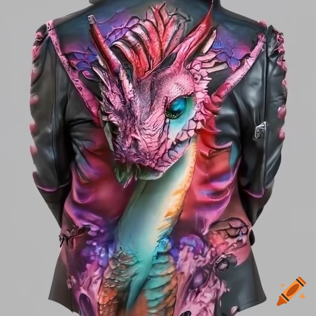 Women wearing a leather jacket painted with a flying fairy dragon on ...