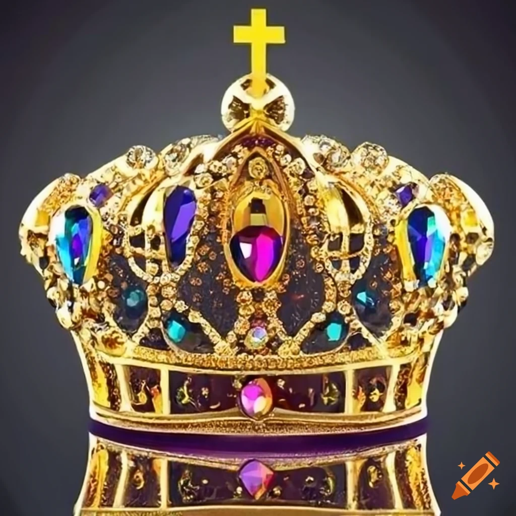 Exquisite golden bejeweled crown radiating holy light on Craiyon
