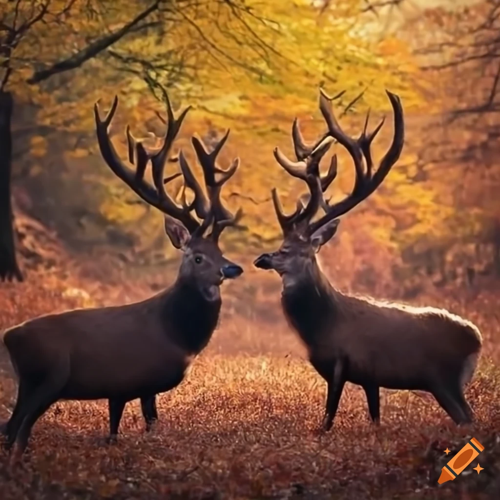 Two stags in autumn forest at sunset with Roseberry Topping on Craiyon