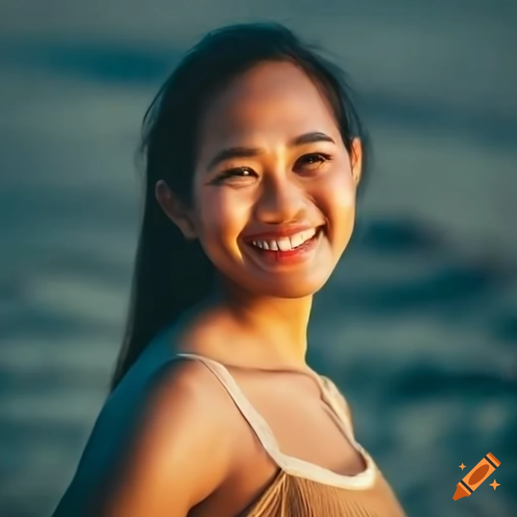 Elegant filipino woman with warm smile on the beach on Craiyon