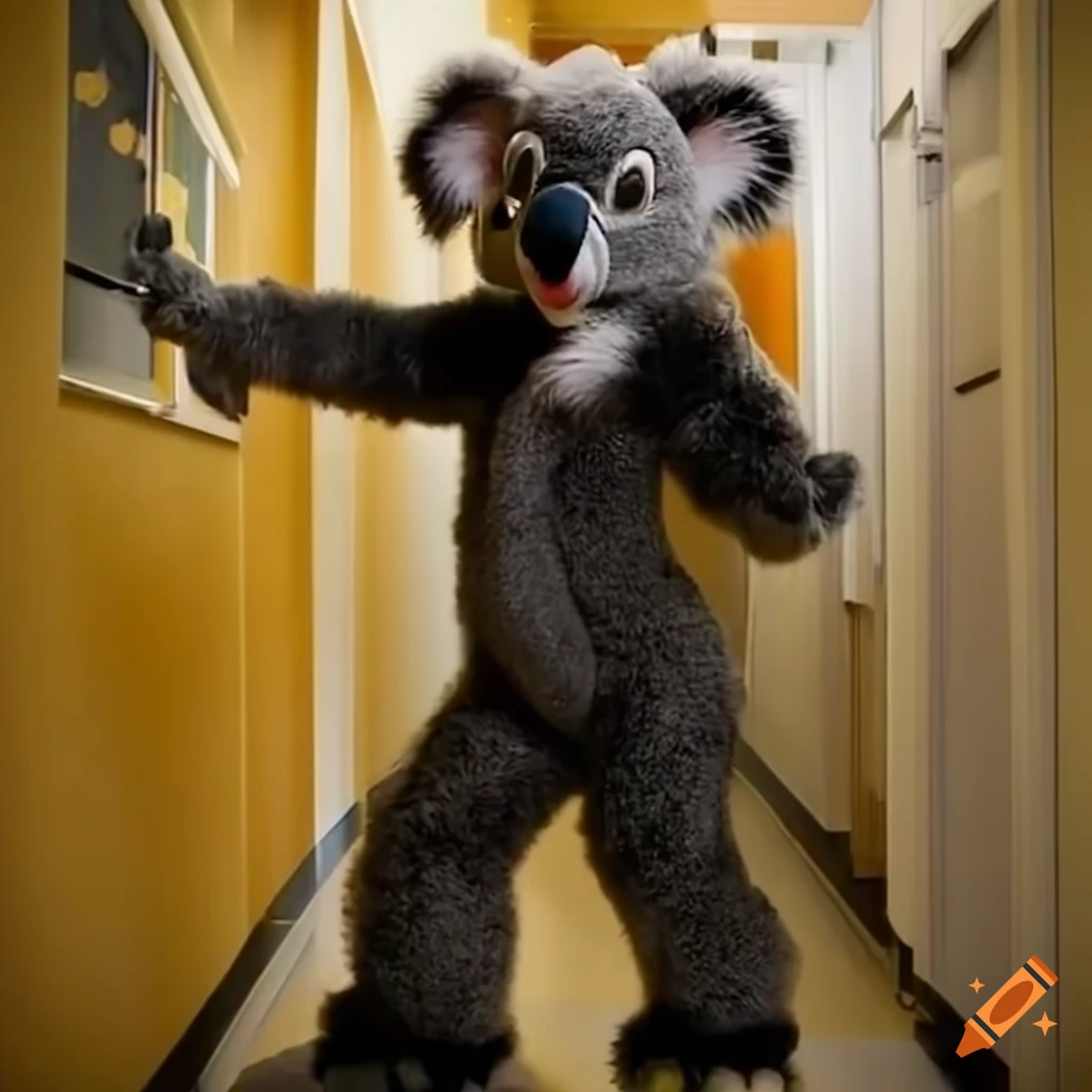 Female teacher wearing koala mascot fursuit in school hallway on Craiyon