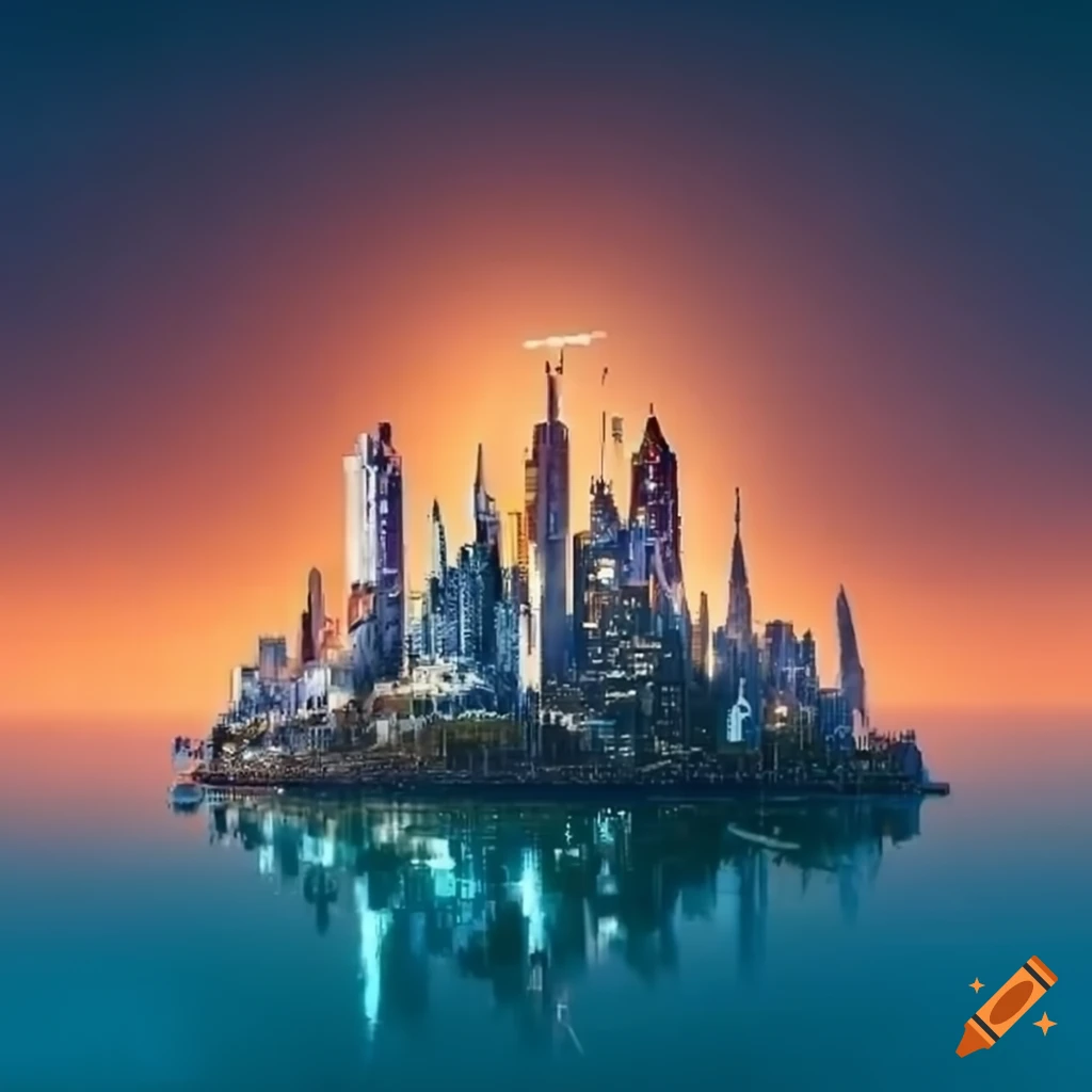 Sky island science fantasy cityscape with orange and cyan skyline on ...