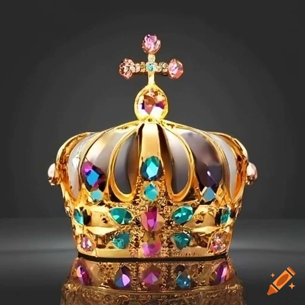 Exquisite golden bejeweled crown radiating holy light on Craiyon
