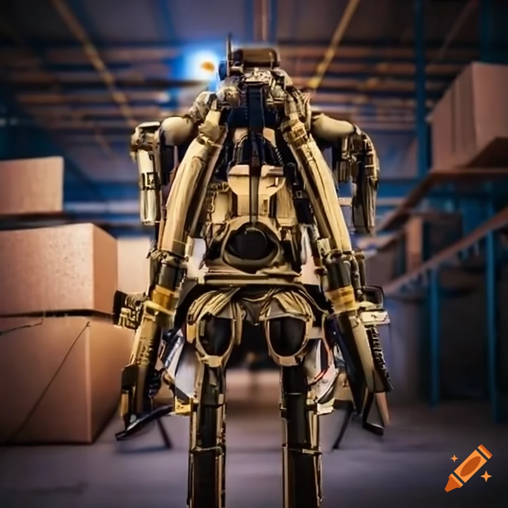 Mechanical exoskeleton among boxes in a warehouse on Craiyon