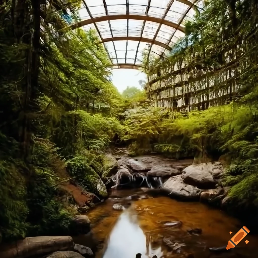 Wooden sustainable forest headquarters with atrium and stream on Craiyon