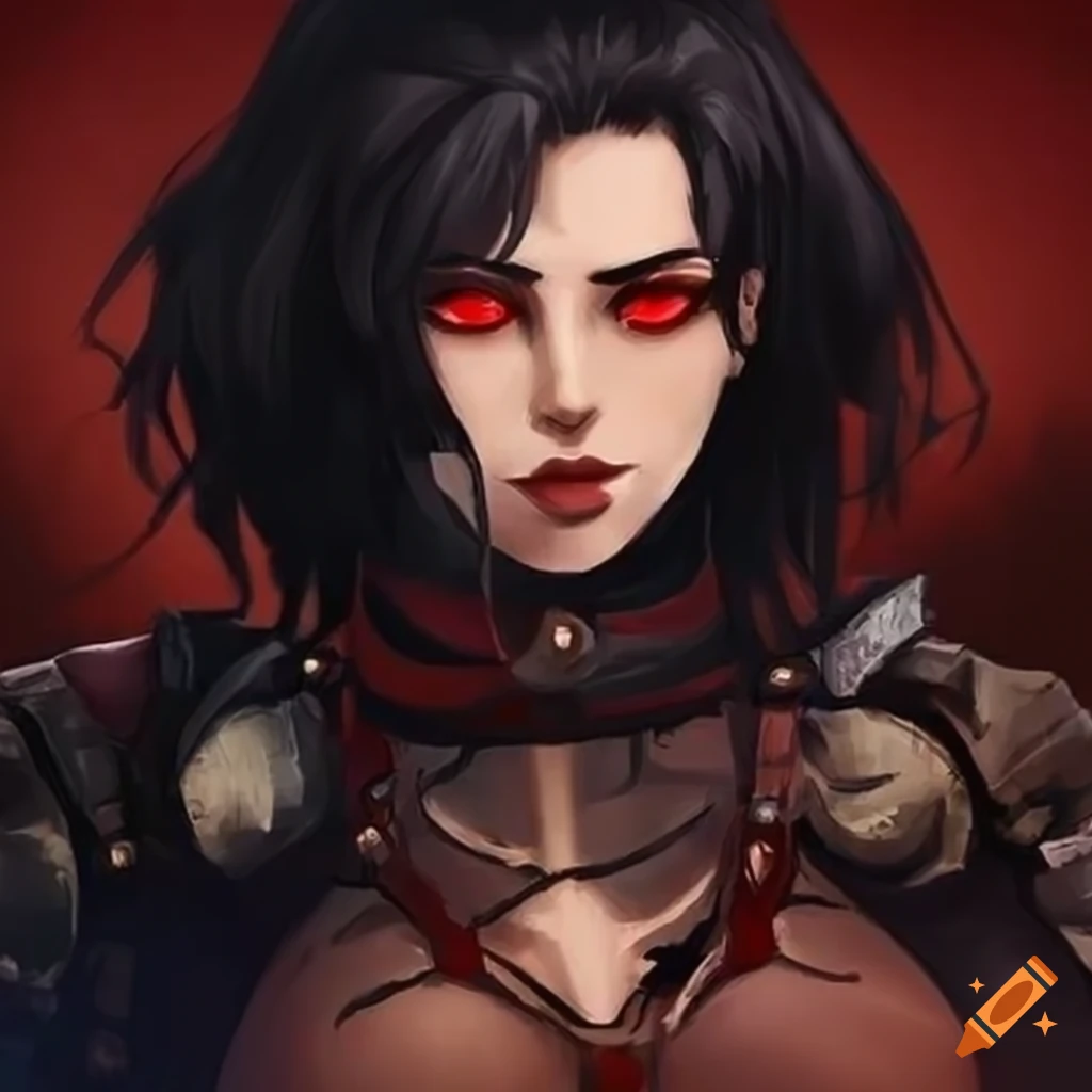 Black-haired woman RPG hero with red eyes on Craiyon