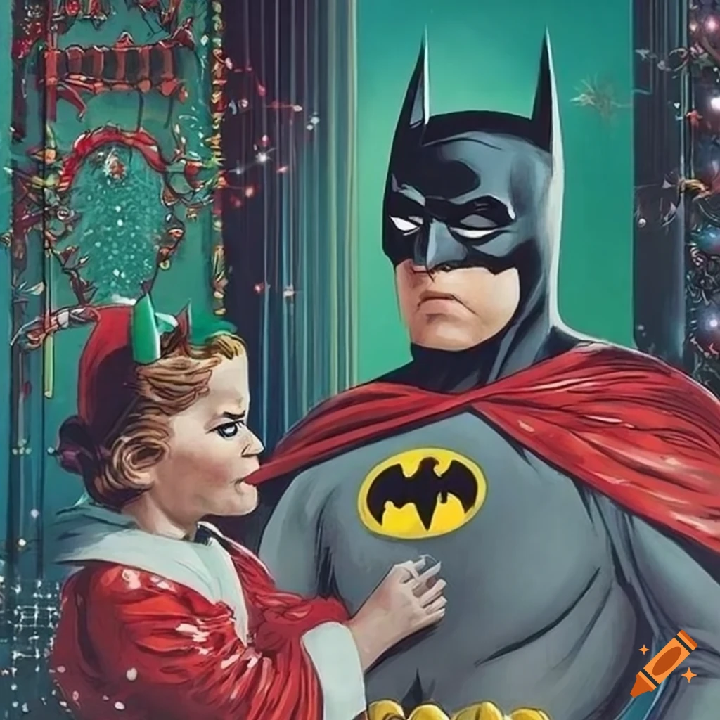 Batman celebrating Christmas in a 50's Life Magazine illustration on ...