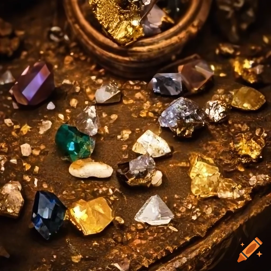Arrangement of precious gems, crystals, and gold fragments in a dimly ...