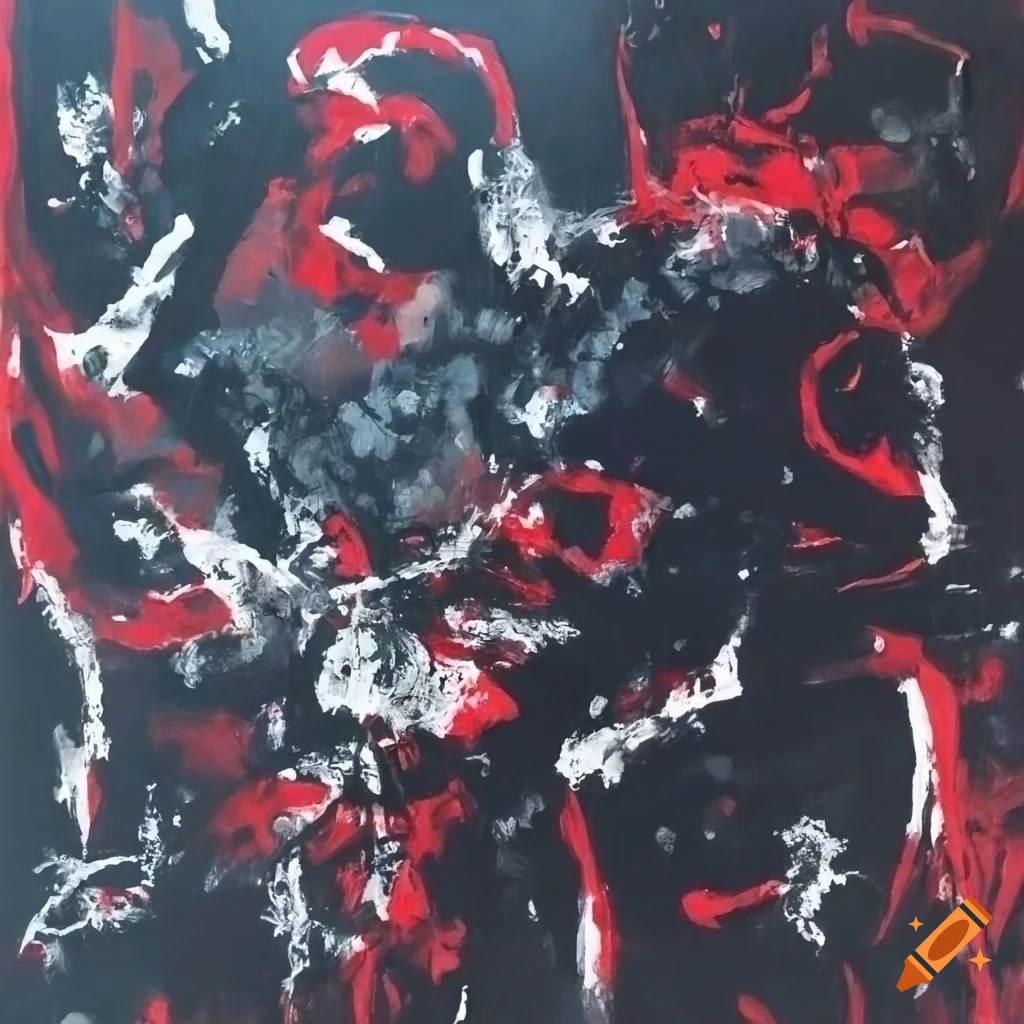 Abstract black, white, and red painting in the style of pollack on Craiyon