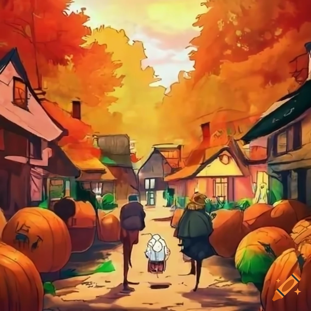 Anime-themed fall village drawing on Craiyon