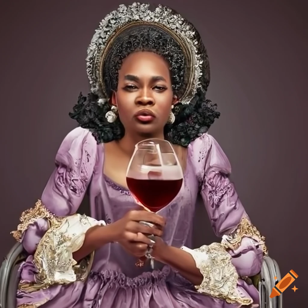 Elegant black woman in grand rococo-style dress in luxurious baroque ...