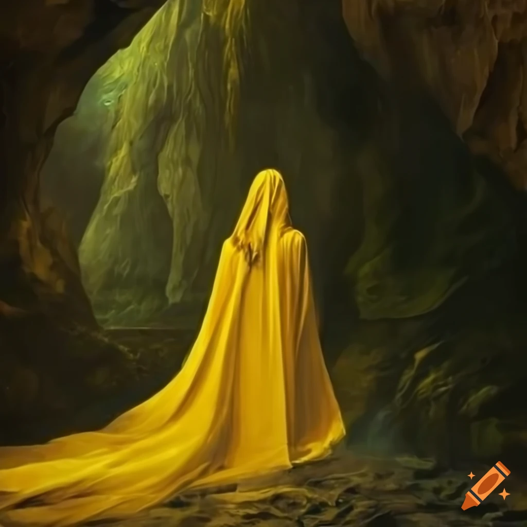 Woman with flowing yellow hooded cloak in lush grotto seen from behind ...