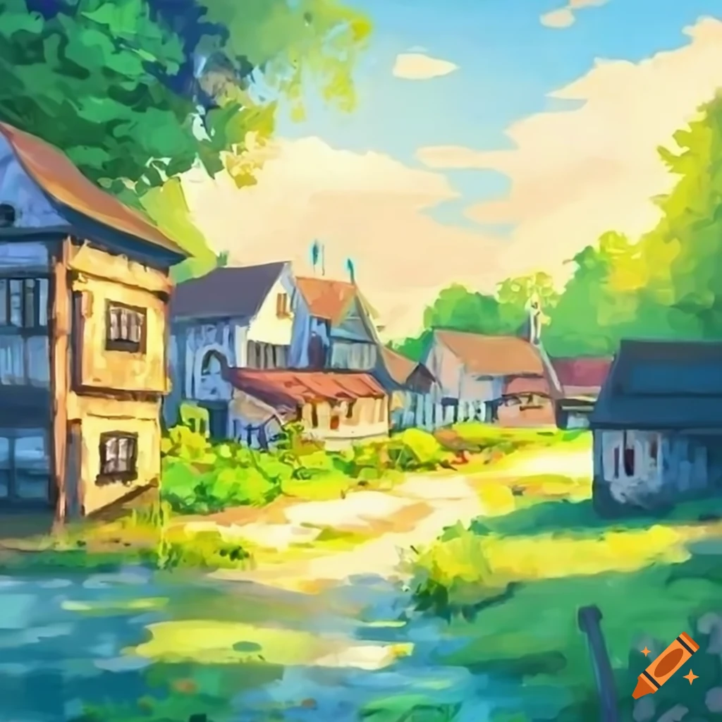 Anime-style painting of a summer village on Craiyon