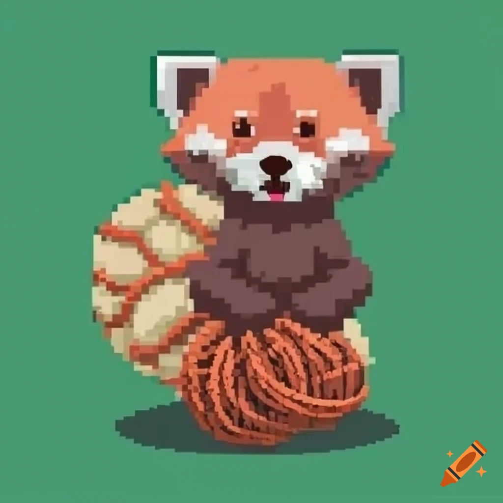 Pixelated cartoon red panda with yarn ball on green background on Craiyon
