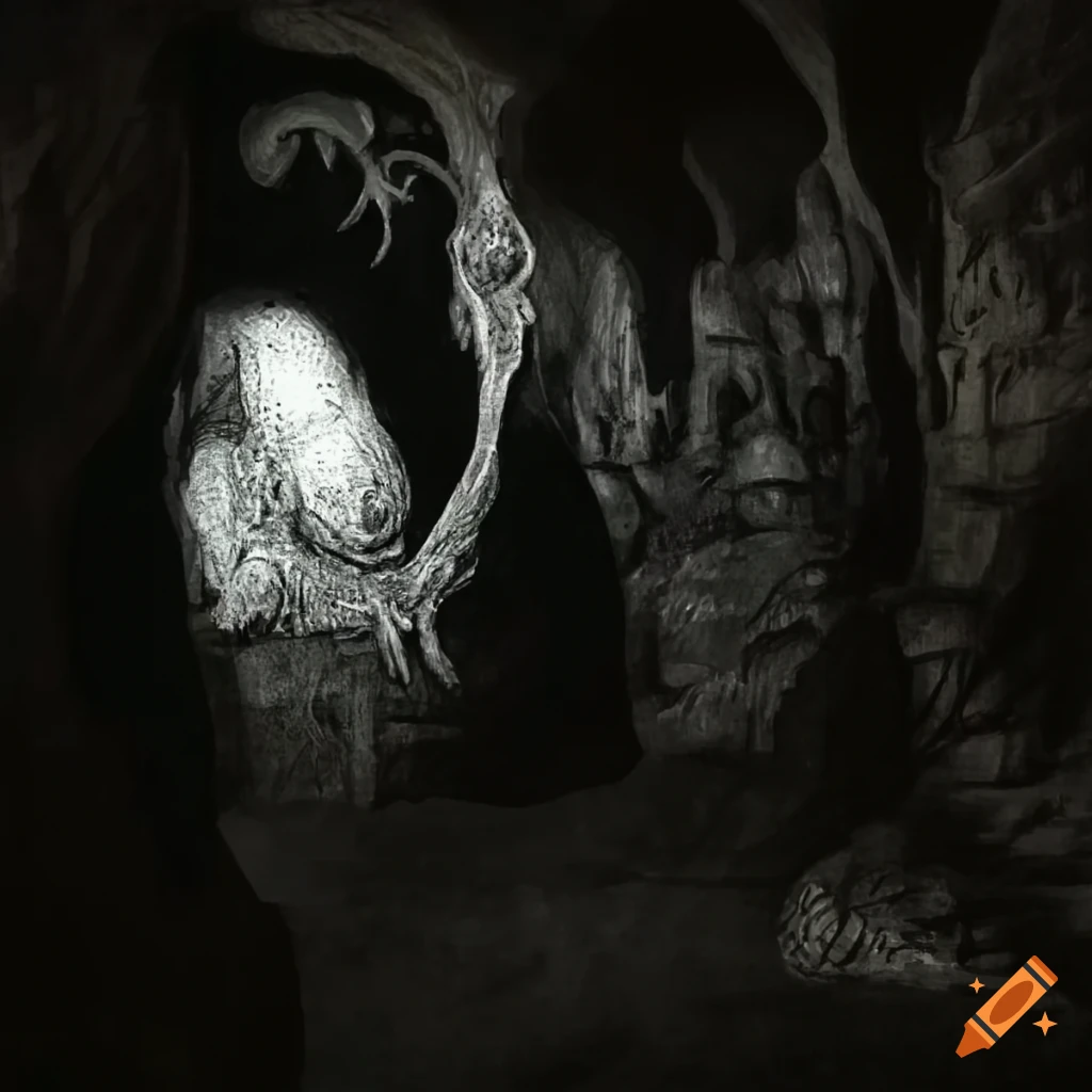 Cave drawing of a cult worshiping a Lovecraftian creature on Craiyon