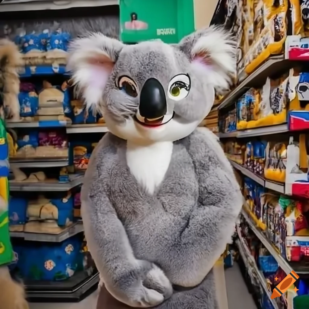 Female employee in full body koala mascot fursuit at walmart on Craiyon