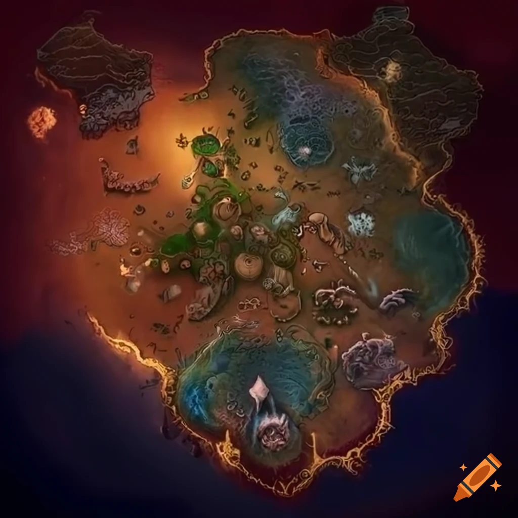 Intricate map of a fantasy realm with detailed elements on Craiyon