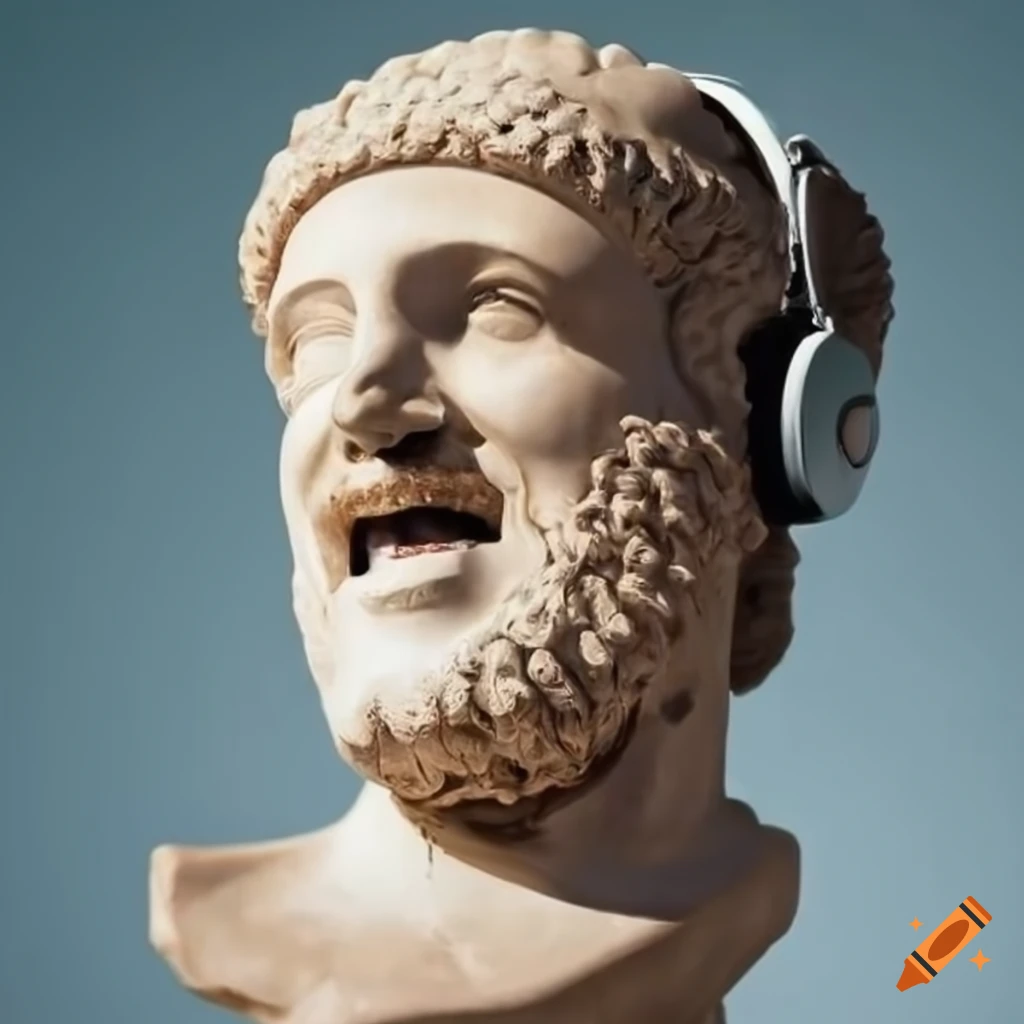 Smiling statue of pythagoras with headphones on Craiyon