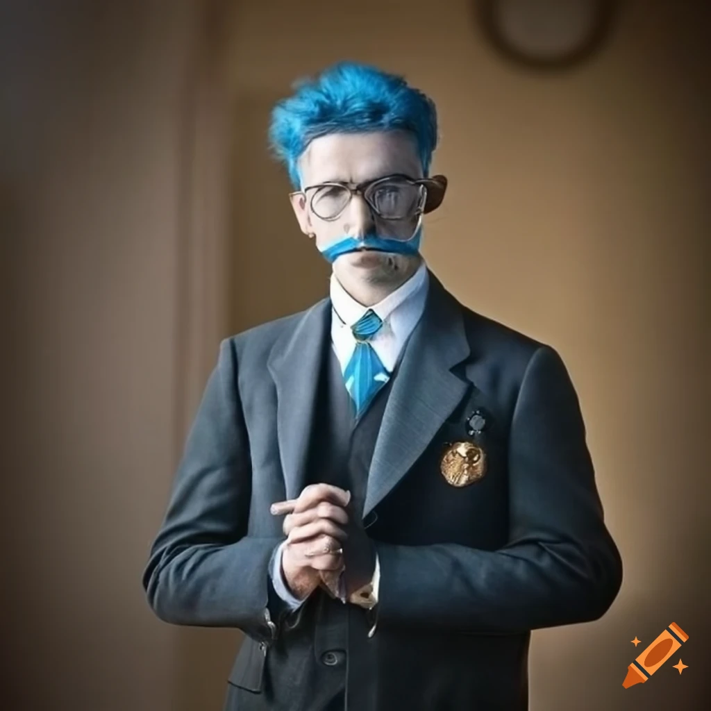 Portrait of a man with blue hair, handlebar mustache, and gold glasses ...