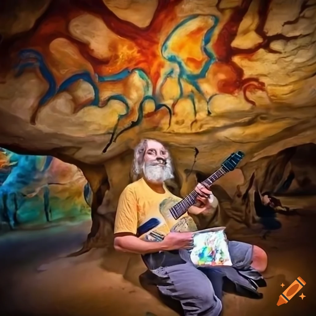 Skilled artist painting Jerry Garcia amidst colorful cave paintings in ...