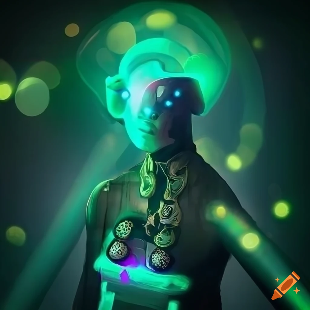 Biopunk family in futuristic outfits surrounded by glowing biopunk moss ...