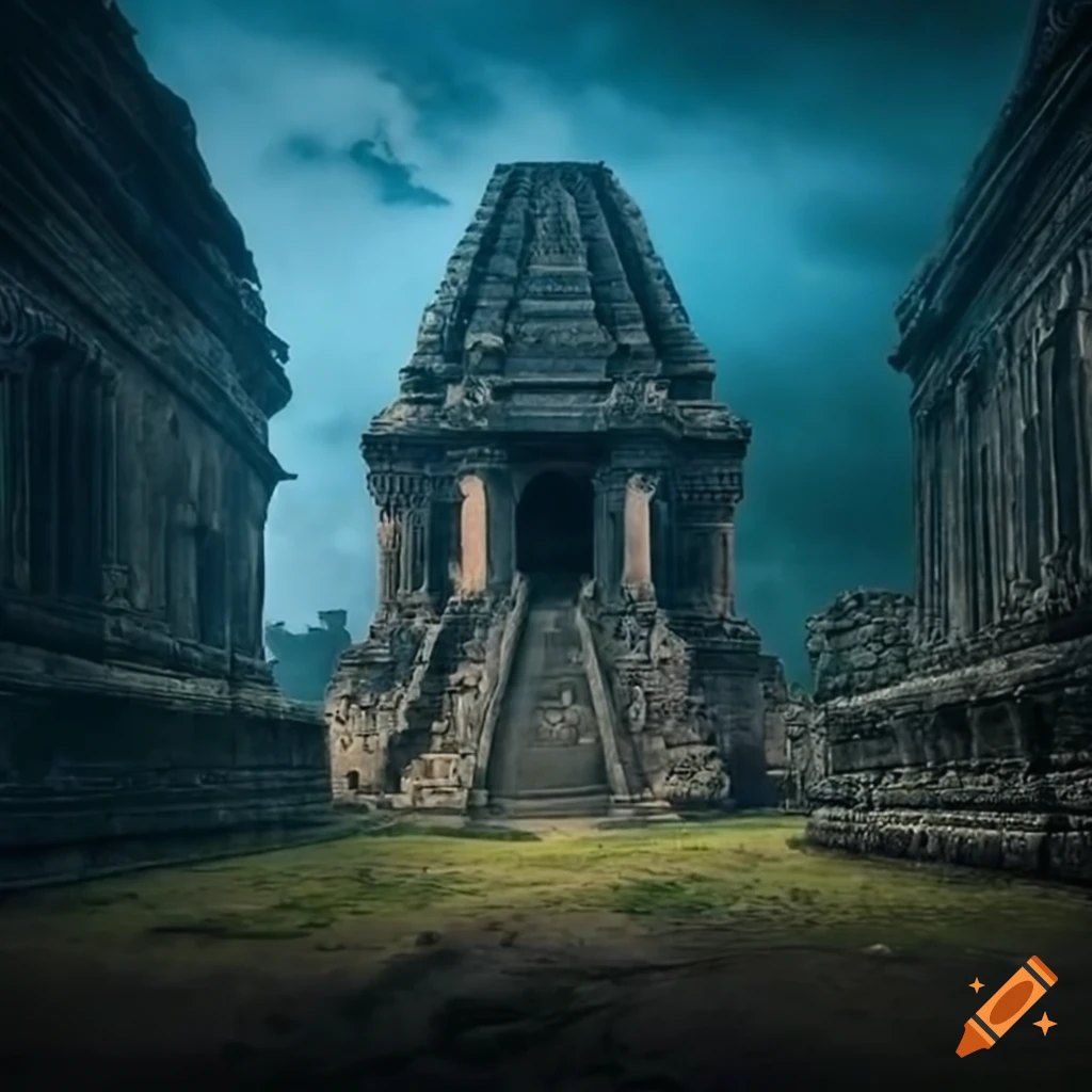 Surreal archaeological temple surrounded by ancient ruins and etchings ...