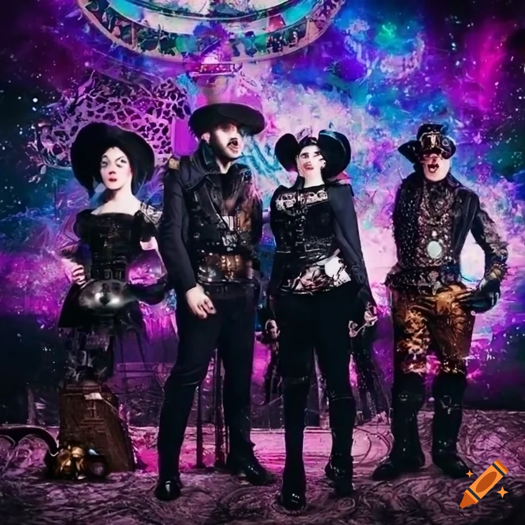Steampunk biker team in a cosmic dreamscape with ethereal goth attire ...