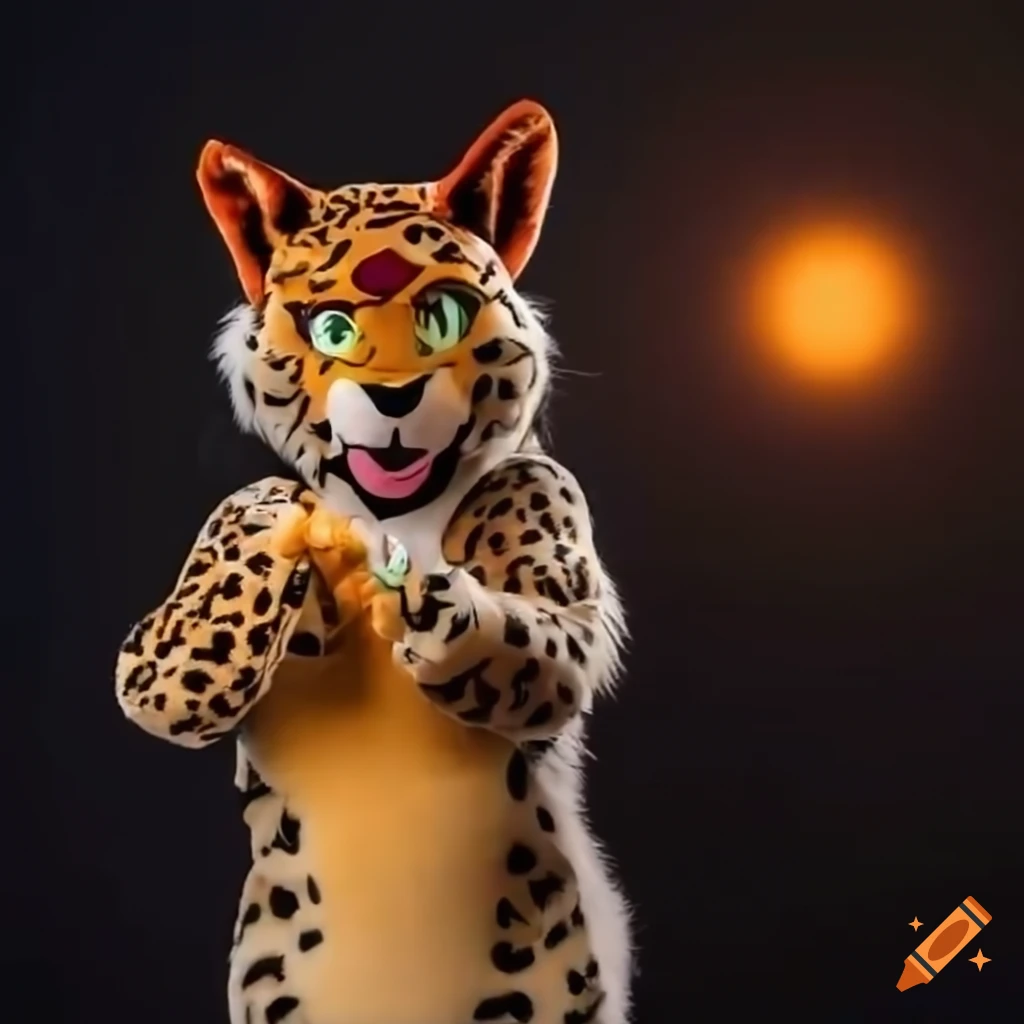 Female teacher in cartoony leopard mascot fursuit in classroom on Craiyon