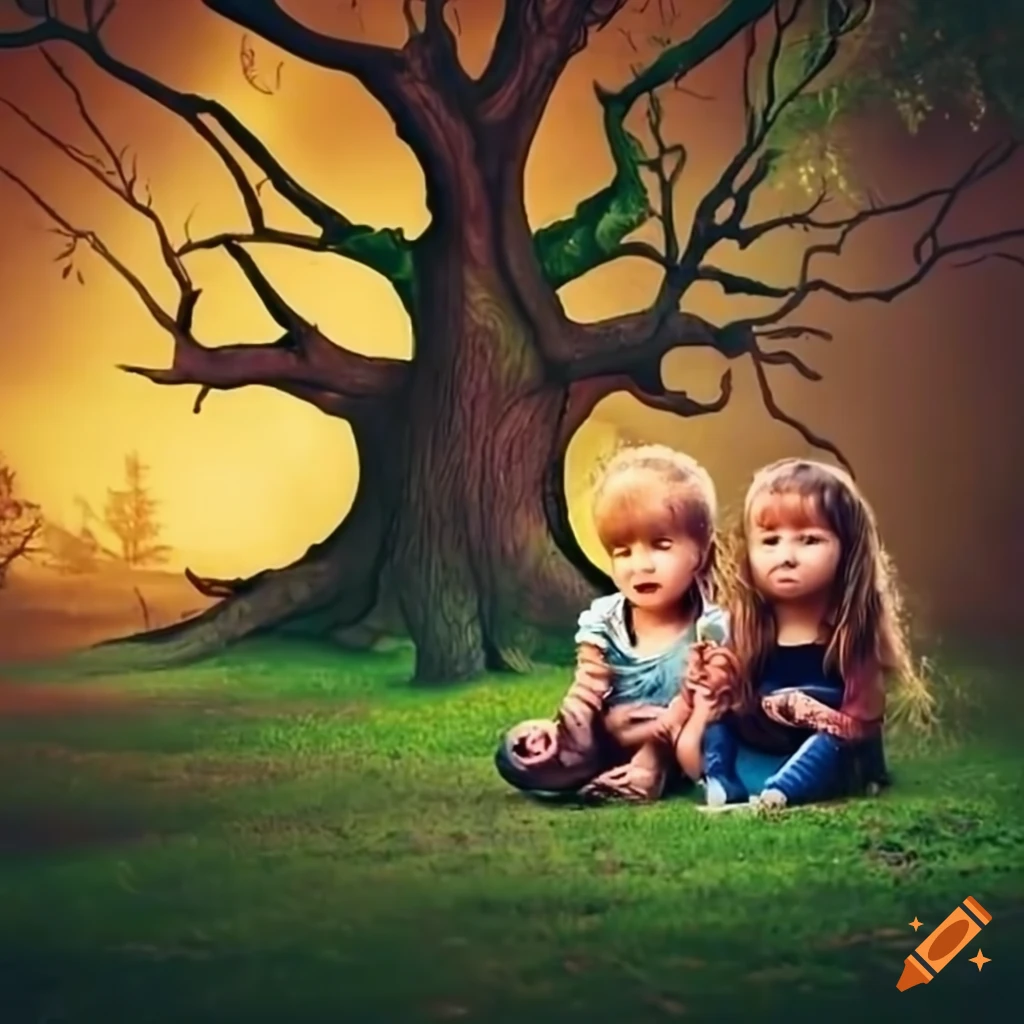 Two kids sitting under a magical tree on Craiyon