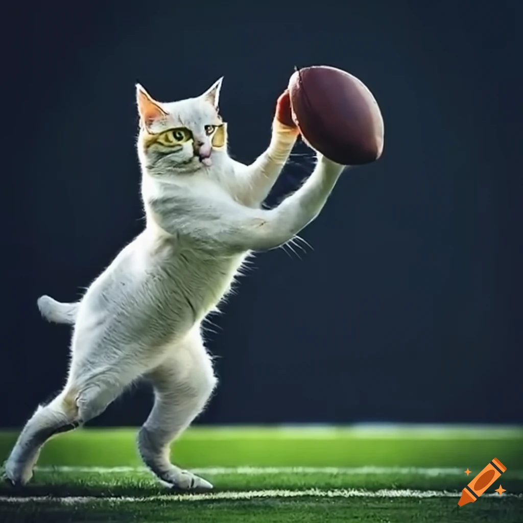 Cat playing american football in a painting on Craiyon