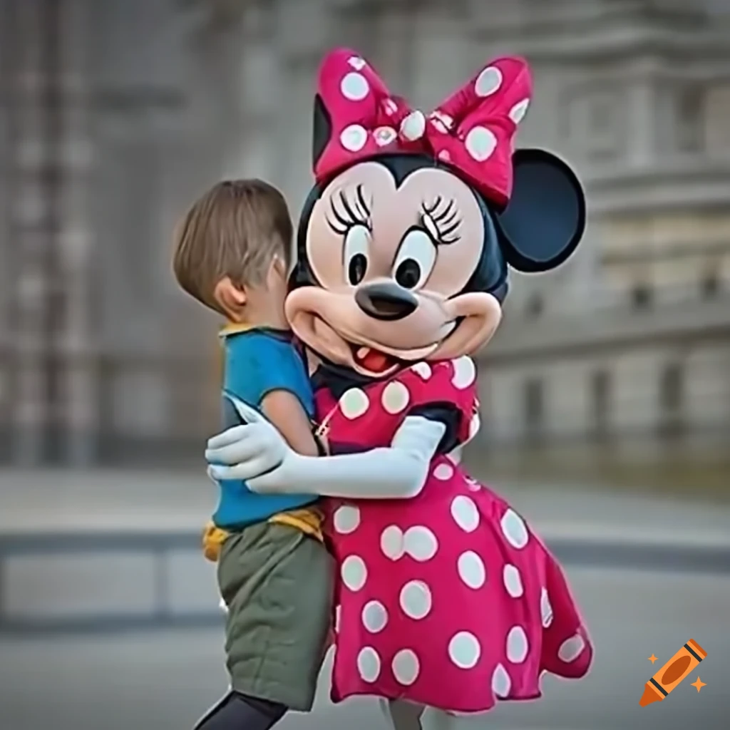 Minnie Mouse playfully grabbing a boy in a comical scene on Craiyon