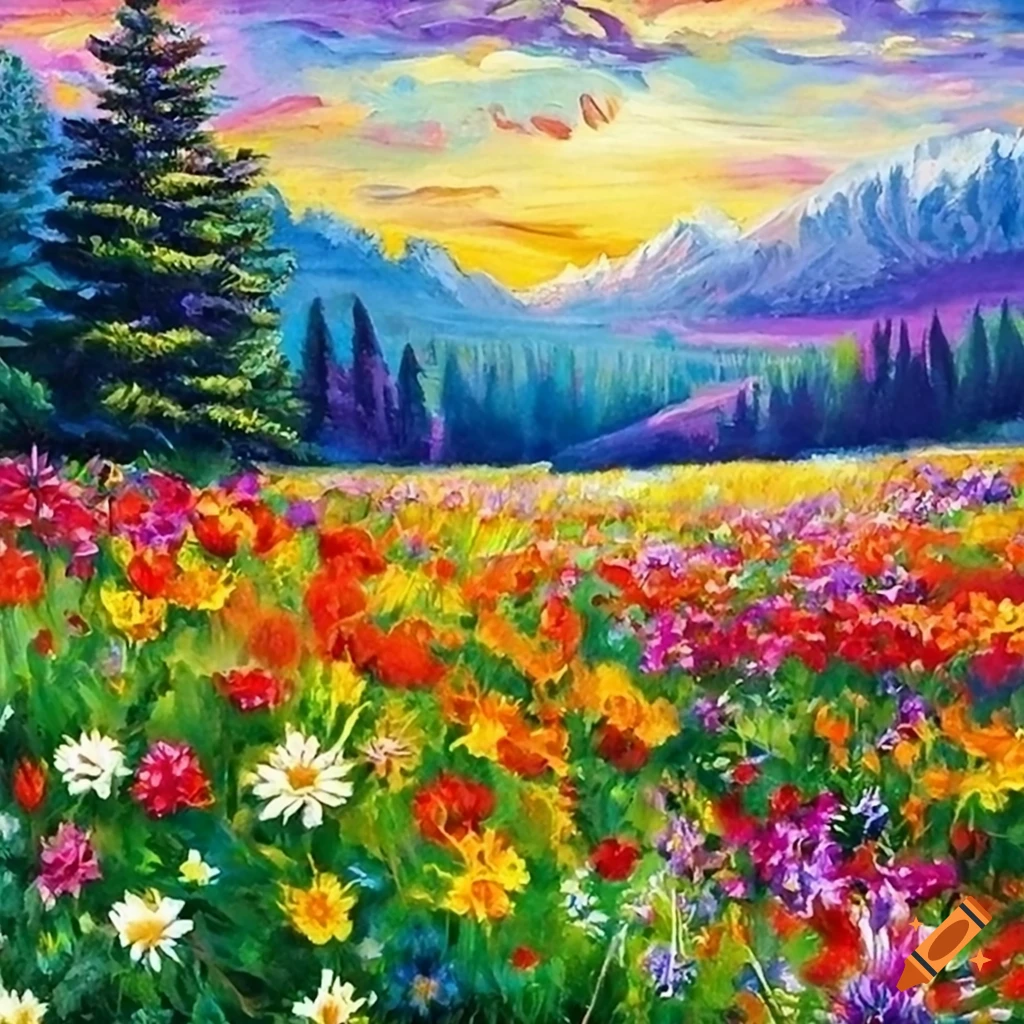 Realistic painting of colorful field of flowers in high resolution on ...