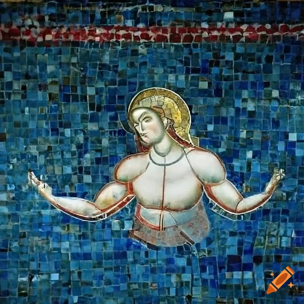 Colorful glass mosaic of a man praying in a medieval pool of water by ...