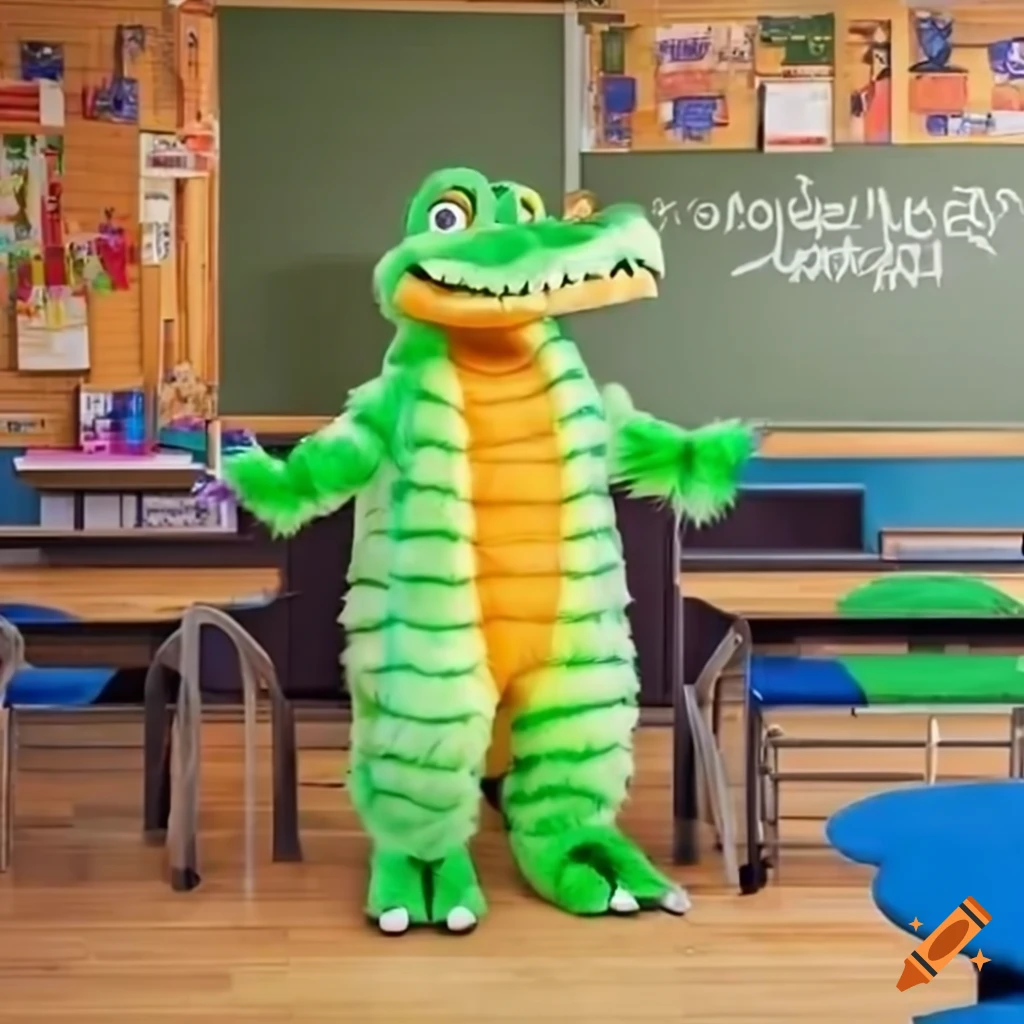 Female teacher in alligator mascot fursuit in classroom on Craiyon
