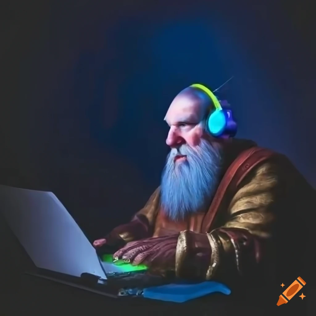 Medieval dwarf with controller and rgb headset at computer on Craiyon