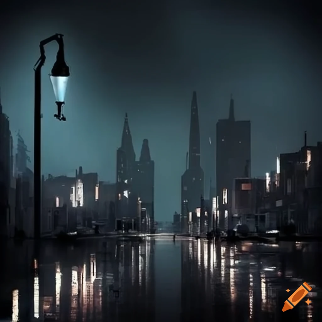 Futuristic skyline illuminated by rain-splattered streetlights on Craiyon