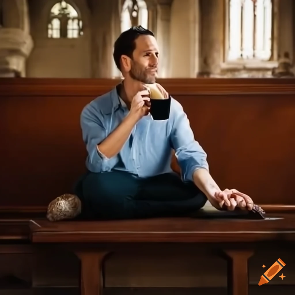 Man enjoying coffee in a church pew on Craiyon