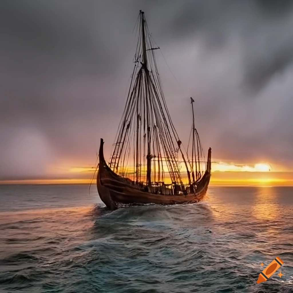 Viking ships in a stormy sea at sunset on Craiyon