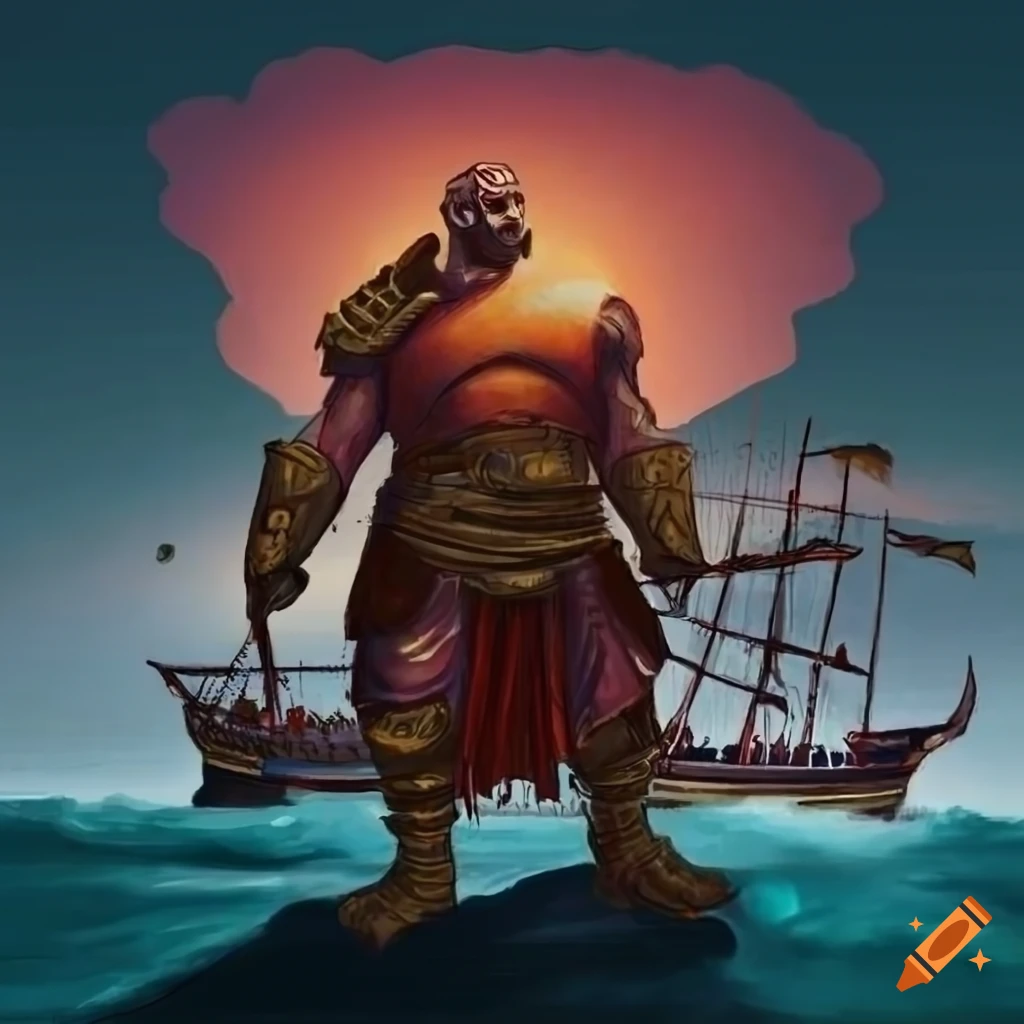 Mighty goliath with an axe in front of a red-sailed galleon in a ...